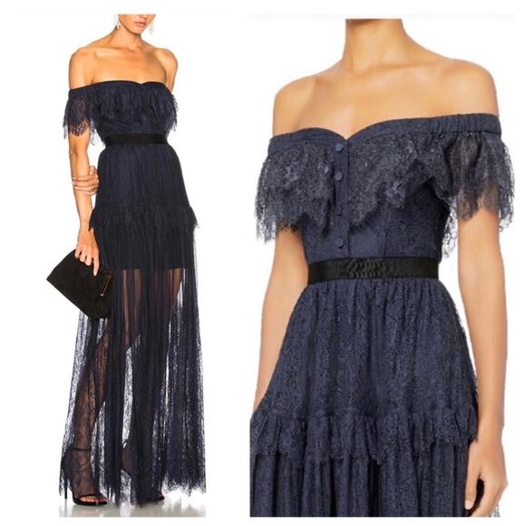Self-Portrait | Dresses | Selfportrait Navy Blue Off Shoulder Fine Lace ...